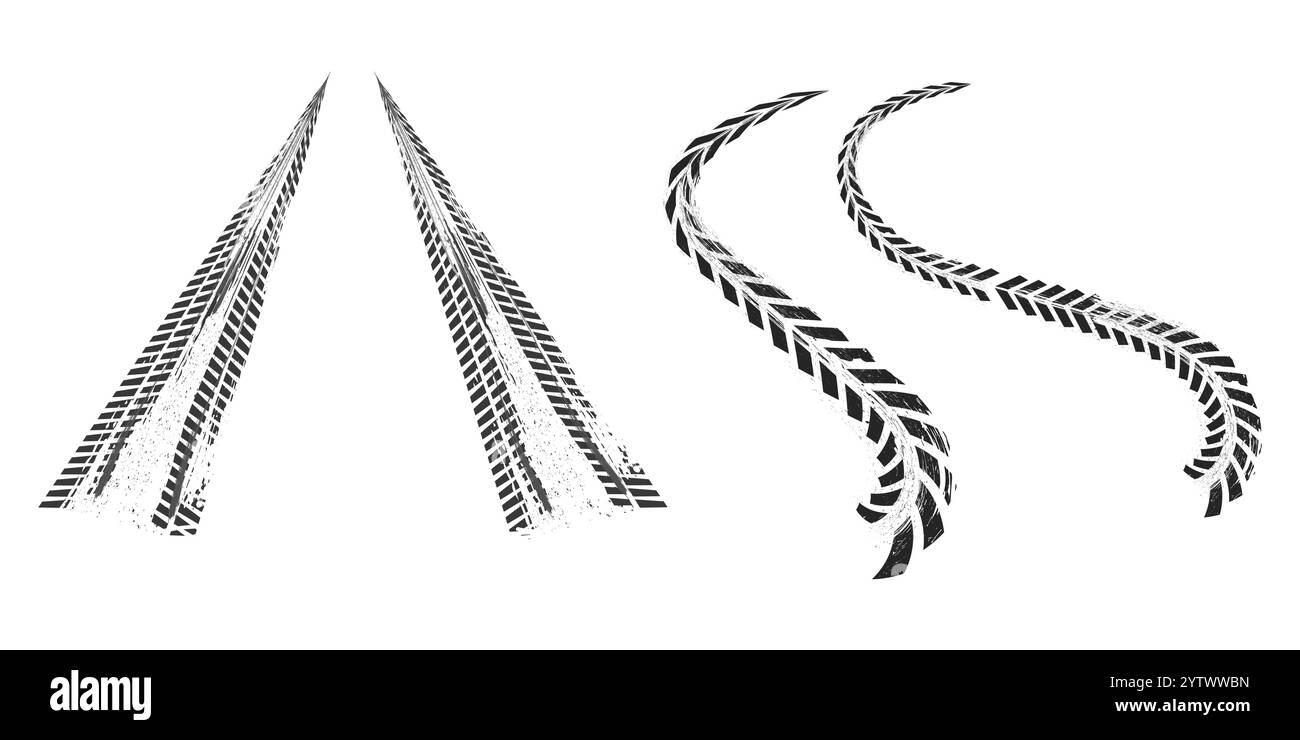 Tyre mark car or bike wheel trace, grunge textured trail silhouette ...