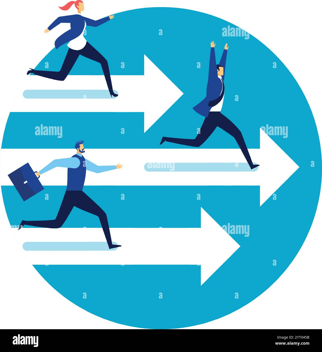 Businessmen and businesswomen running on white arrows over a blue ...