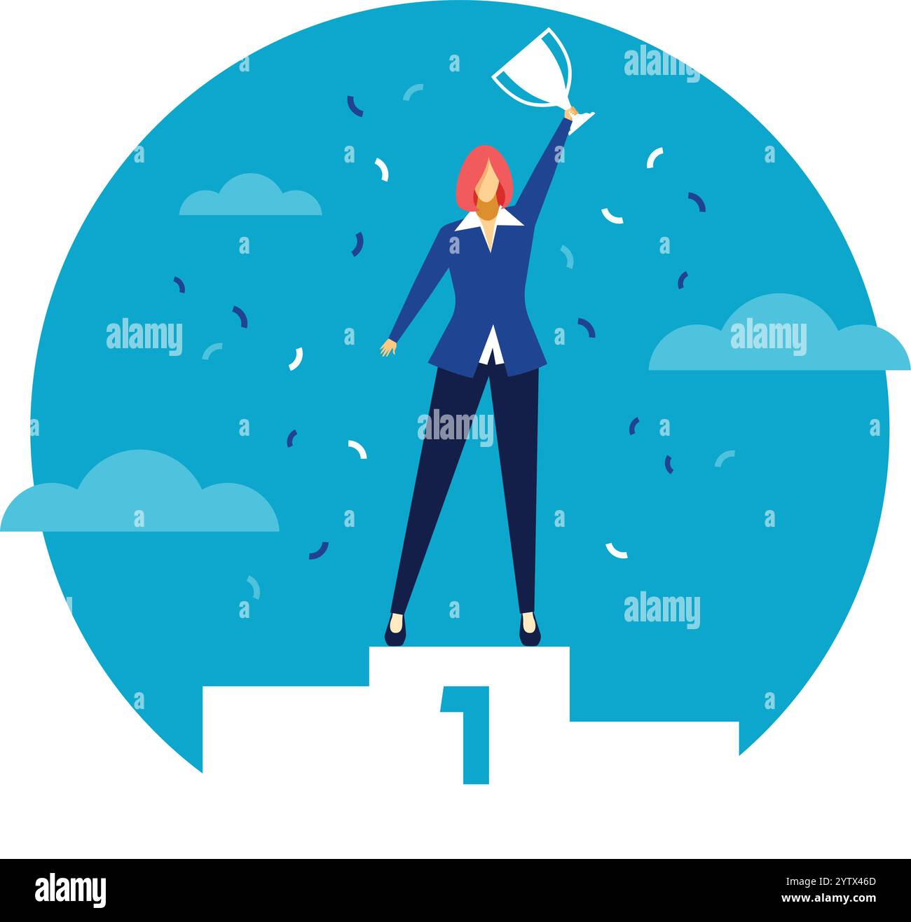 Successful businesswoman standing on the first place of the podium ...