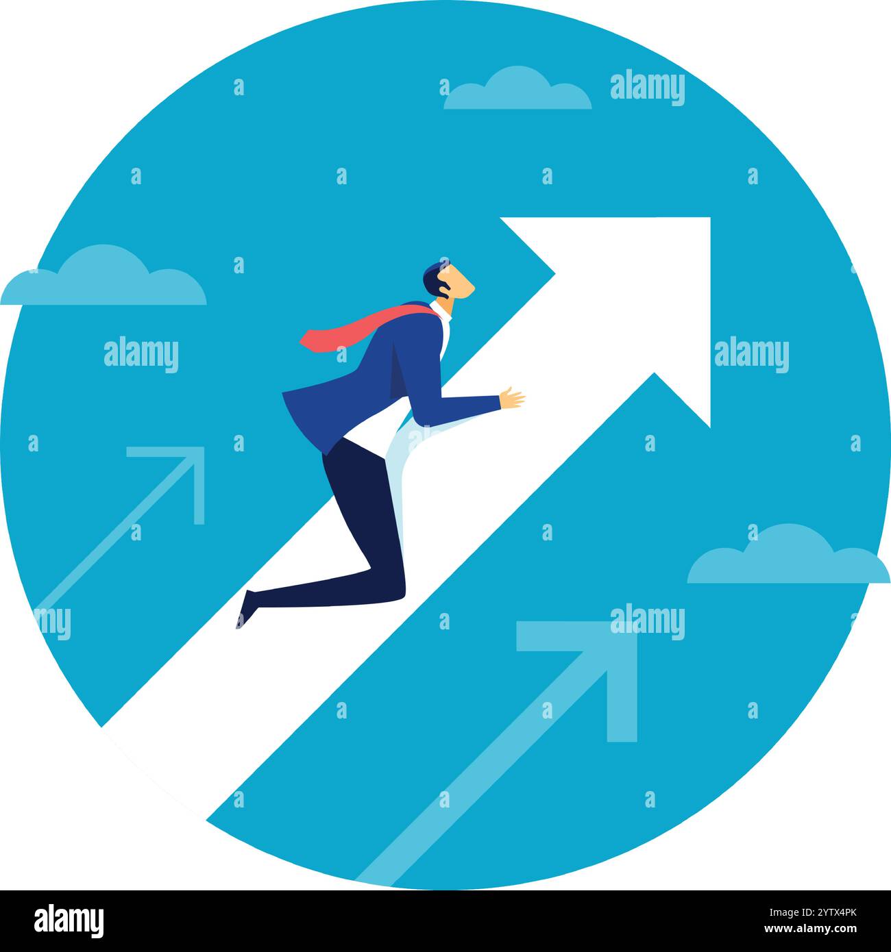 Businessman running along a giant upward arrow symbolizing career ...