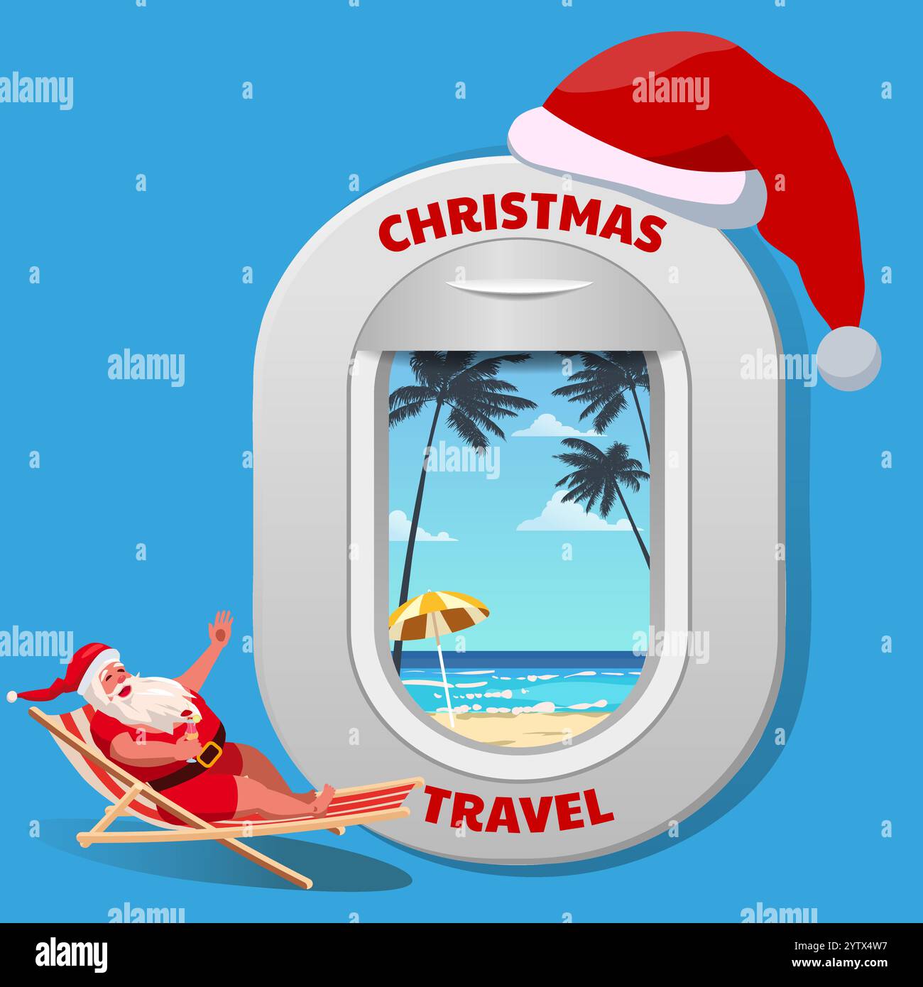 Poster Christmas travel resort airplane window with Santa Claus on the ...