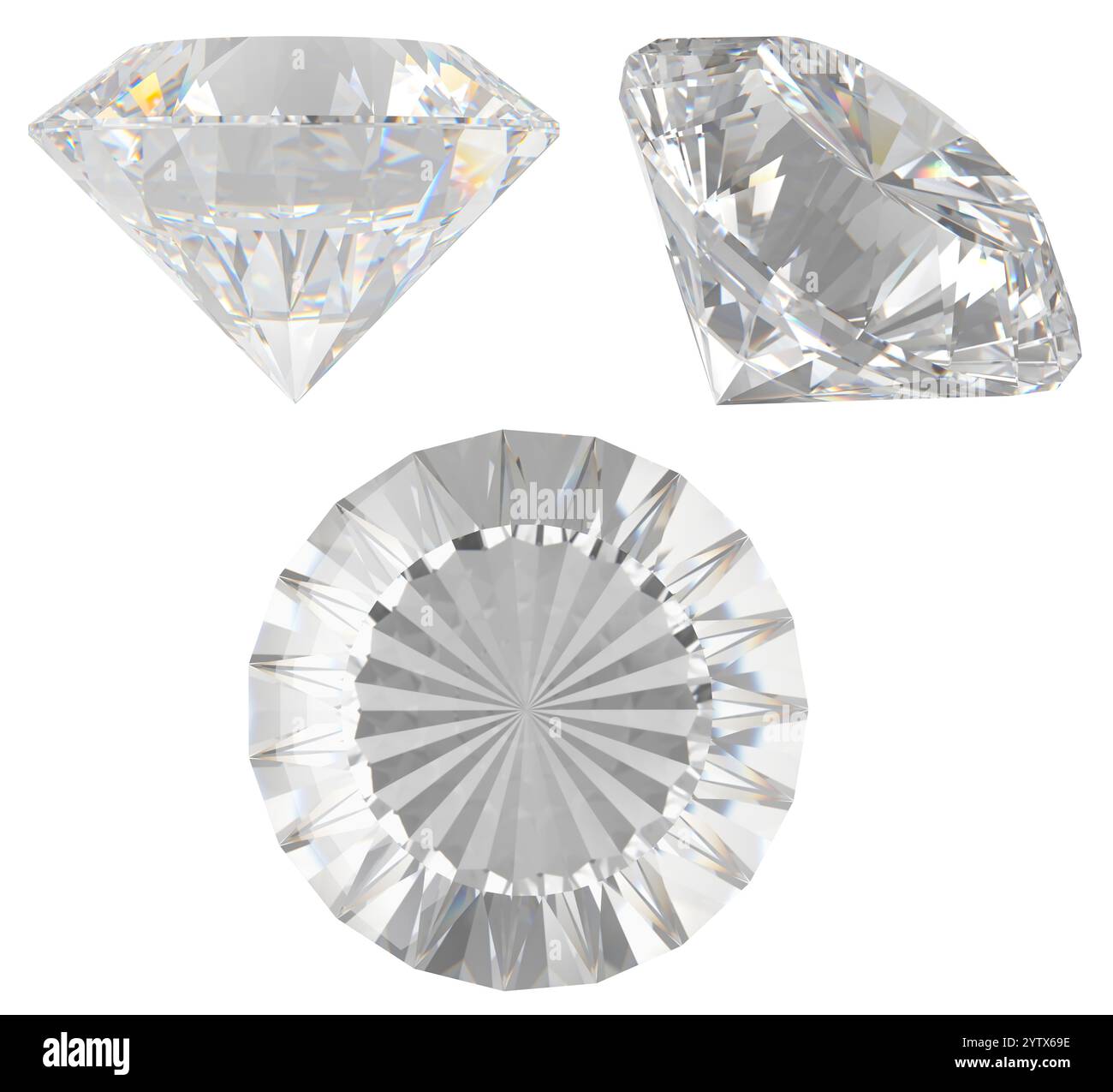 Diamond. Front, side and top views. 3D rendering isolated on white ...