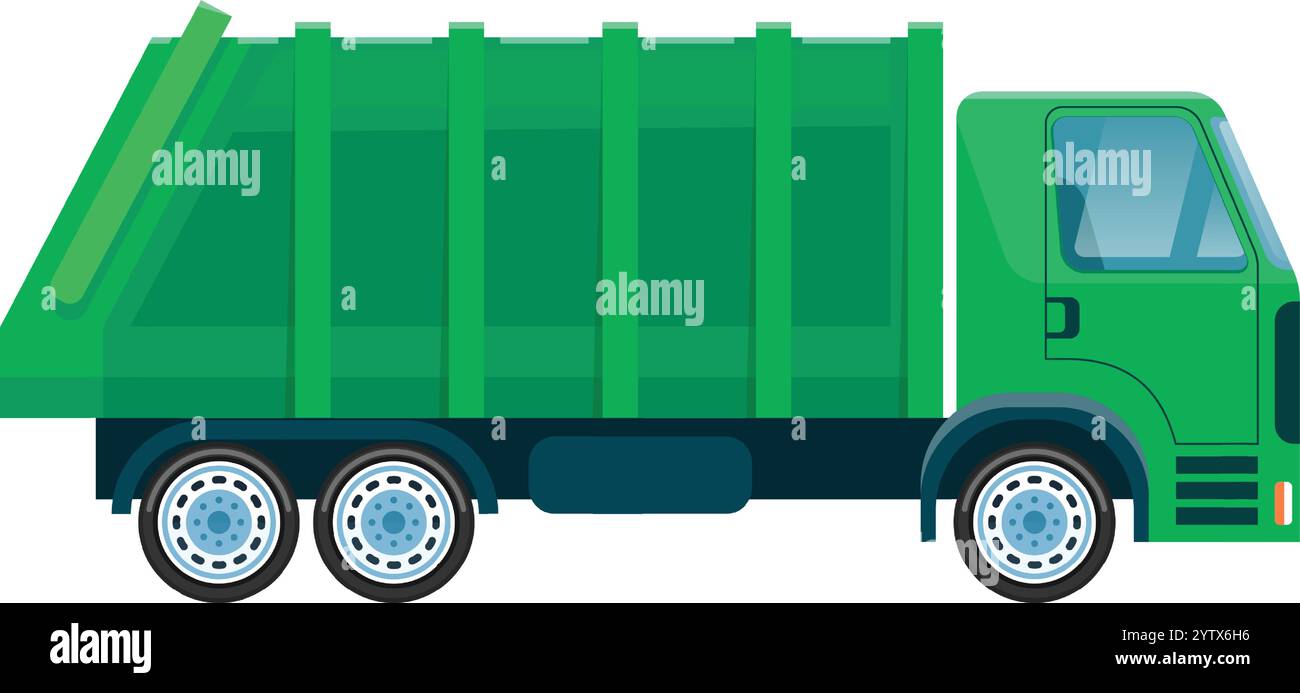 Green garbage truck collecting waste and transporting it to a landfill ...