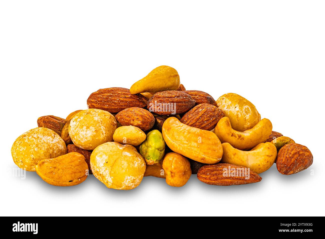 Closeup view pile of crispy salted mixed nuts isolated on white ...