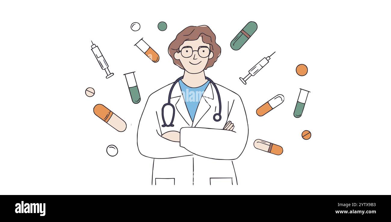 Line drawing doctor standing with arms crossed. Tablets pills syringes ...