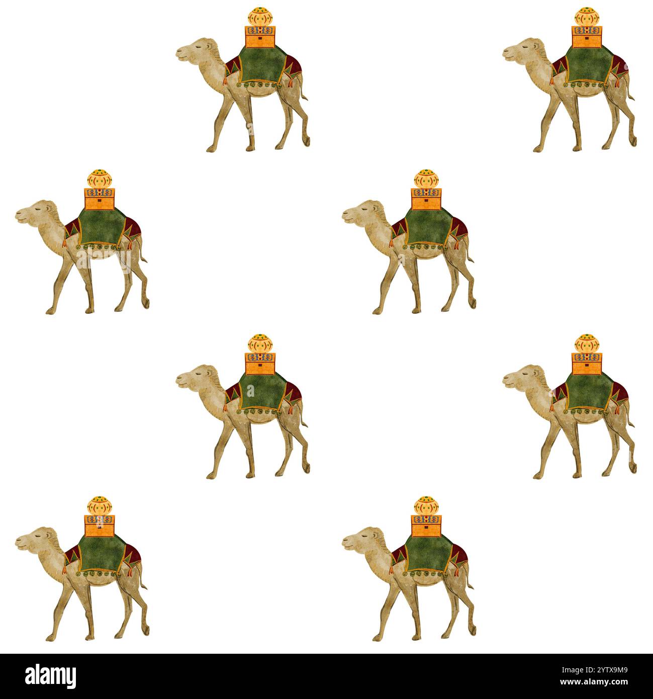 Camel with rich green saddle, blanket Christmas watercolor illustration ...