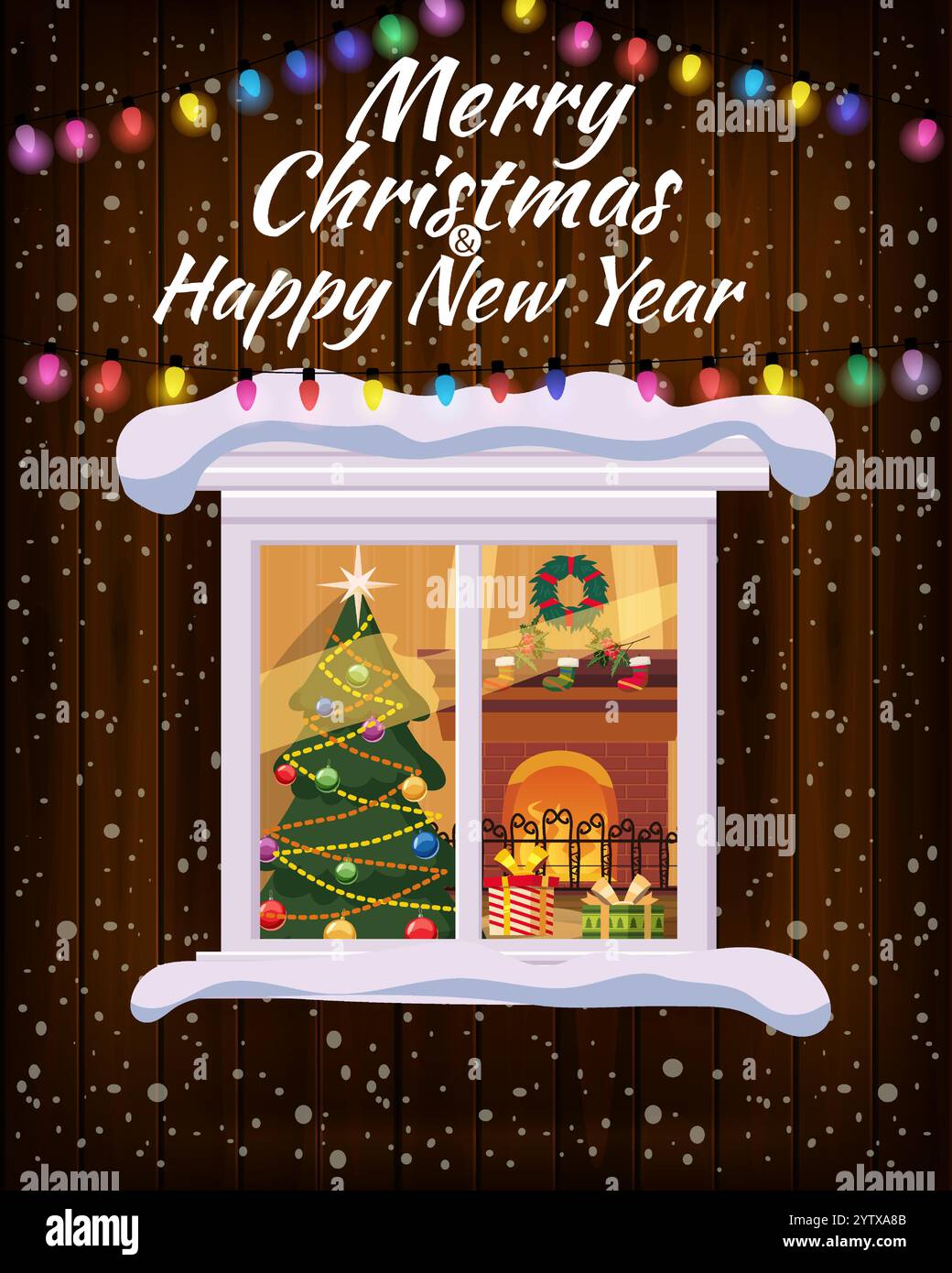 Chrismas window, night, decoraions garland retro, living room christmas ...