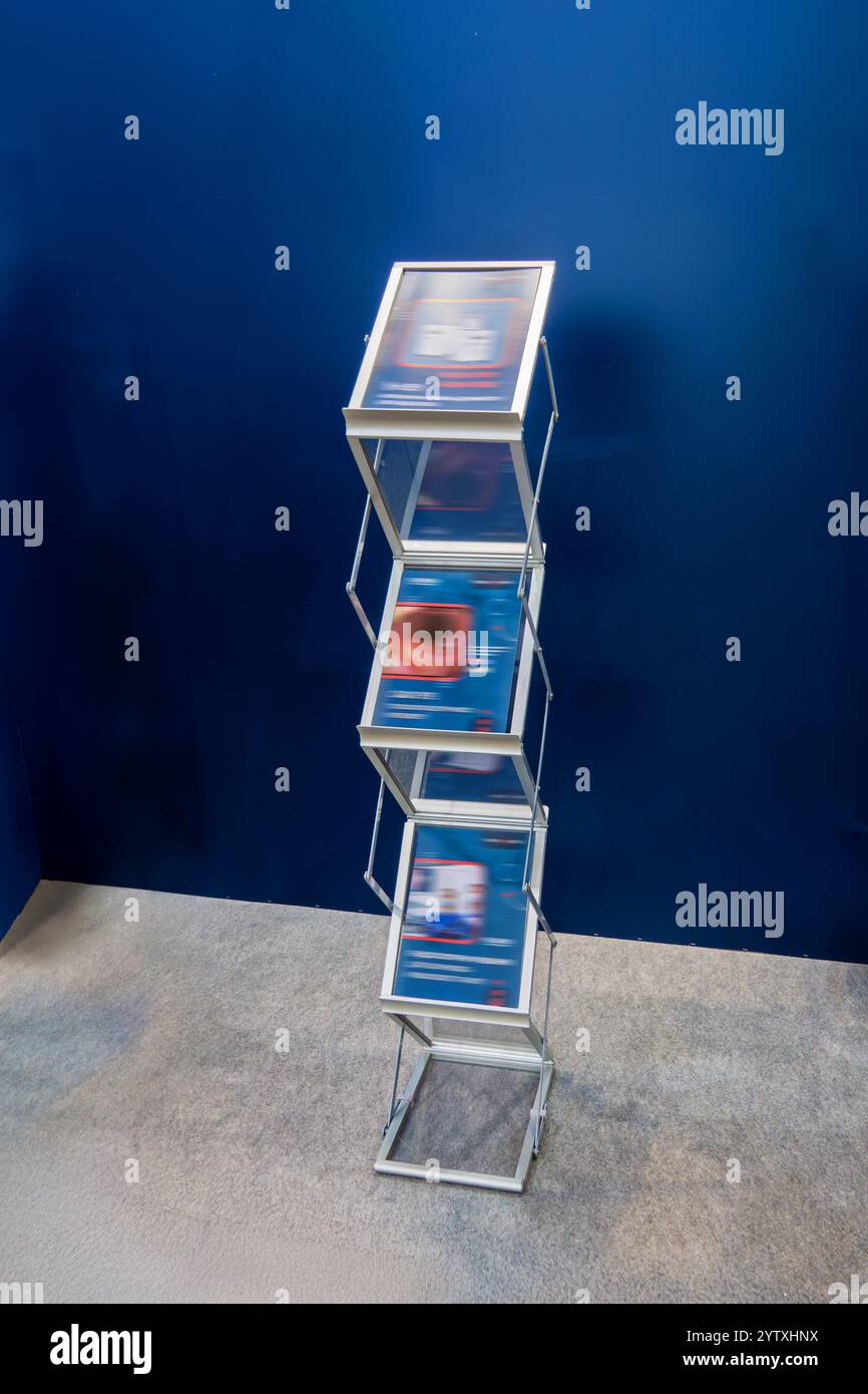 Easily foldable portable stand for brochures and magazines Stock Photo ...