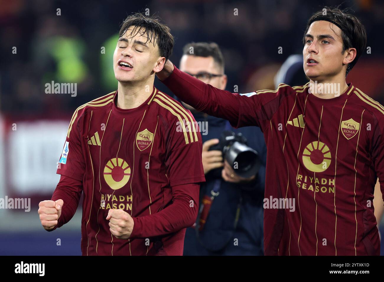 Rome, Italy. 7th Dic, 2024. Niccolo' Pisilli of Roma celebrates with ...