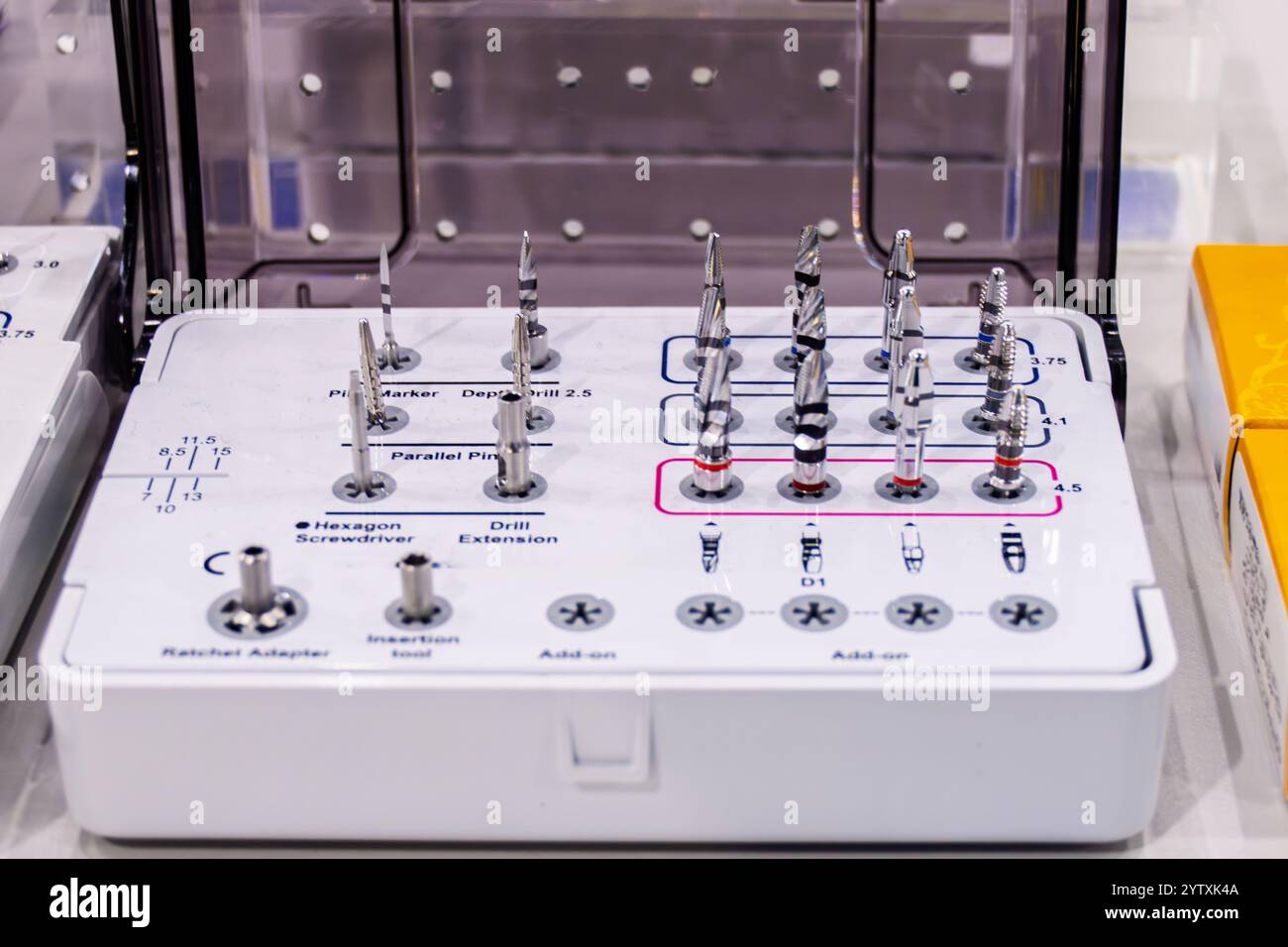 Dental implant system. Set of drills and surgical instruments Stock ...