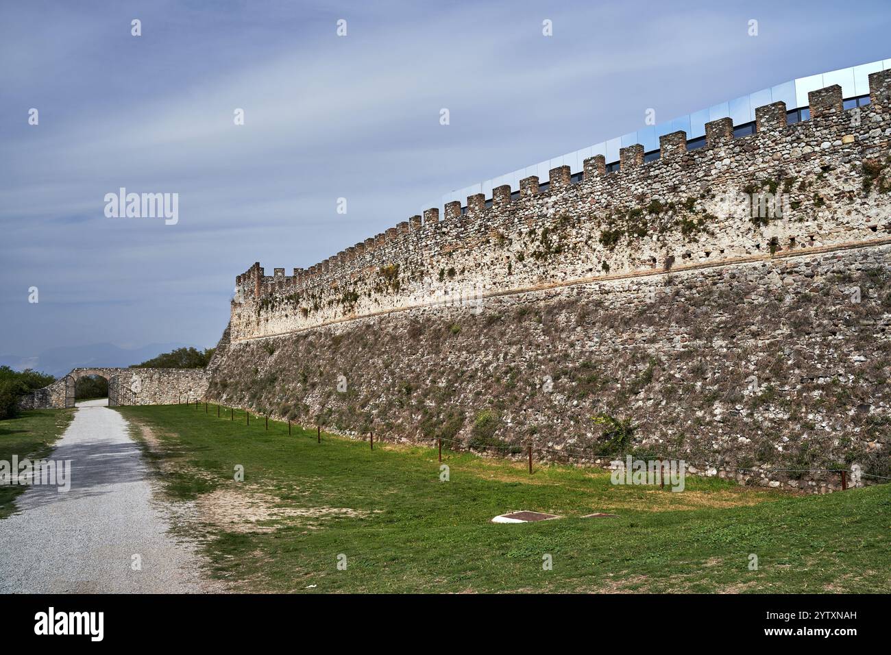 Stone defensive walls of a medieval castle on Lake Garda, Italy Stock ...