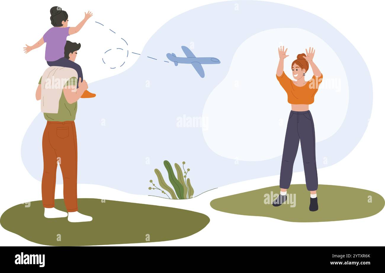 Father carrying daughter on shoulders waving at departing airplane ...