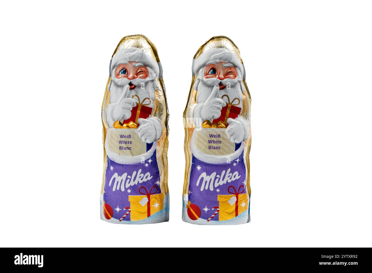 Germany Berlin December 7, 2024. Two Milka chocolate bars with a santa ...