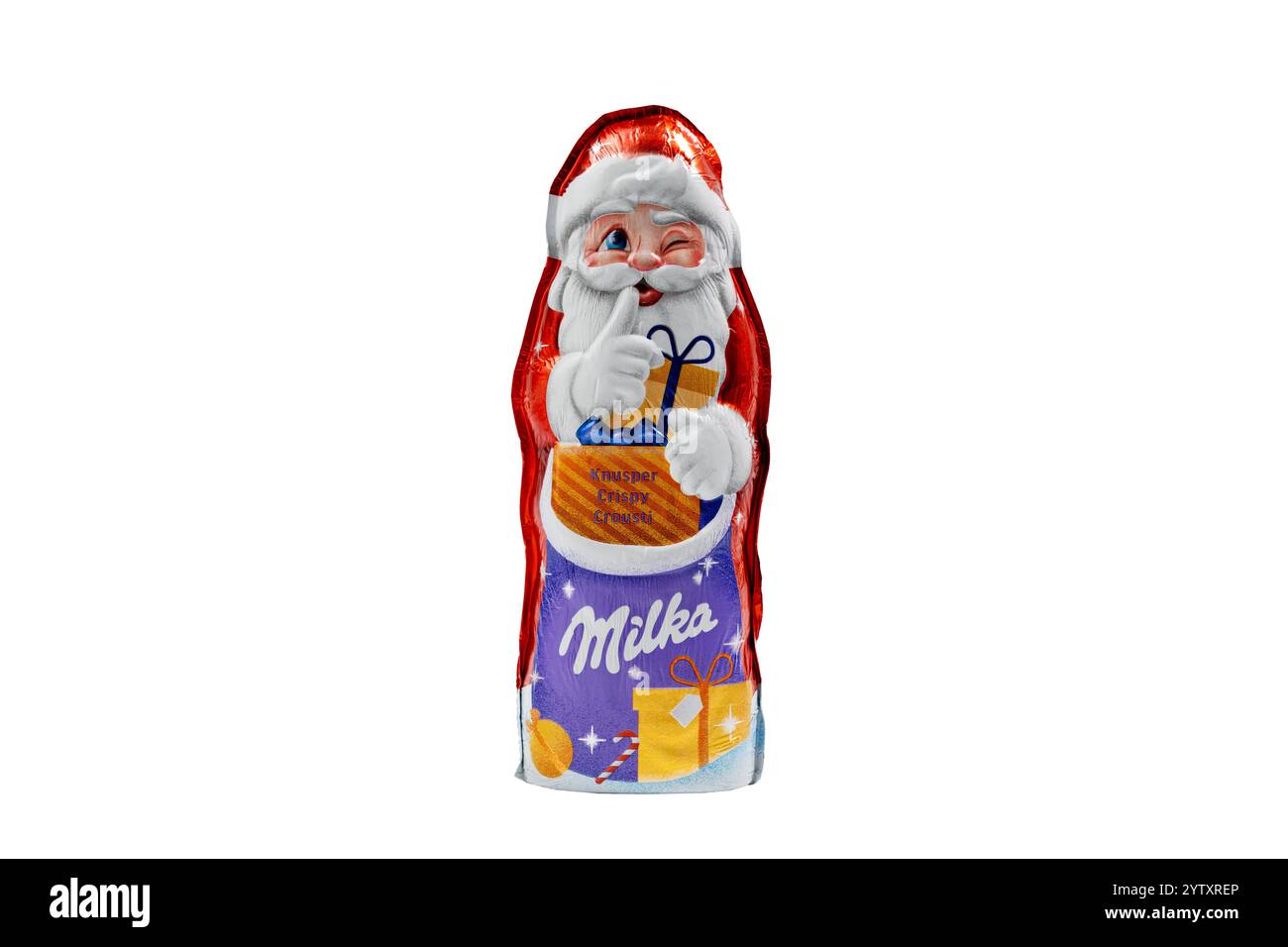 Germany Berlin December 7, 2024. A red and white chocolate bar with a ...