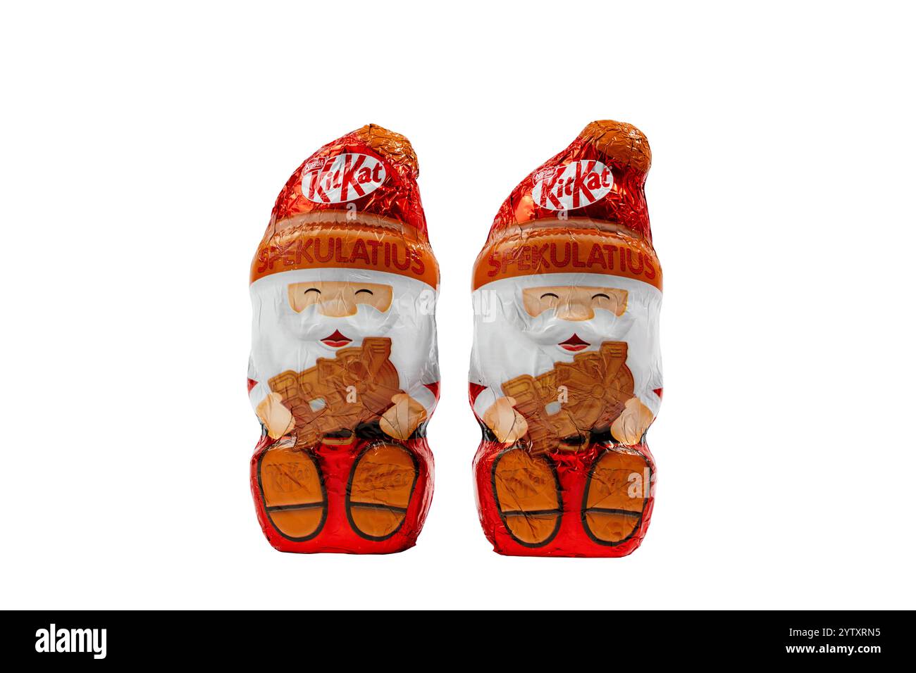 Germany Berlin December 7, 2024. Two santa claus made by KitKat. They ...