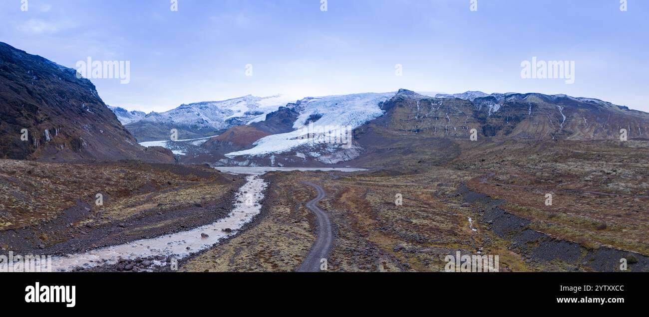 Aerial panorama Iceland nature landscape, view of mountain glaciers and ...