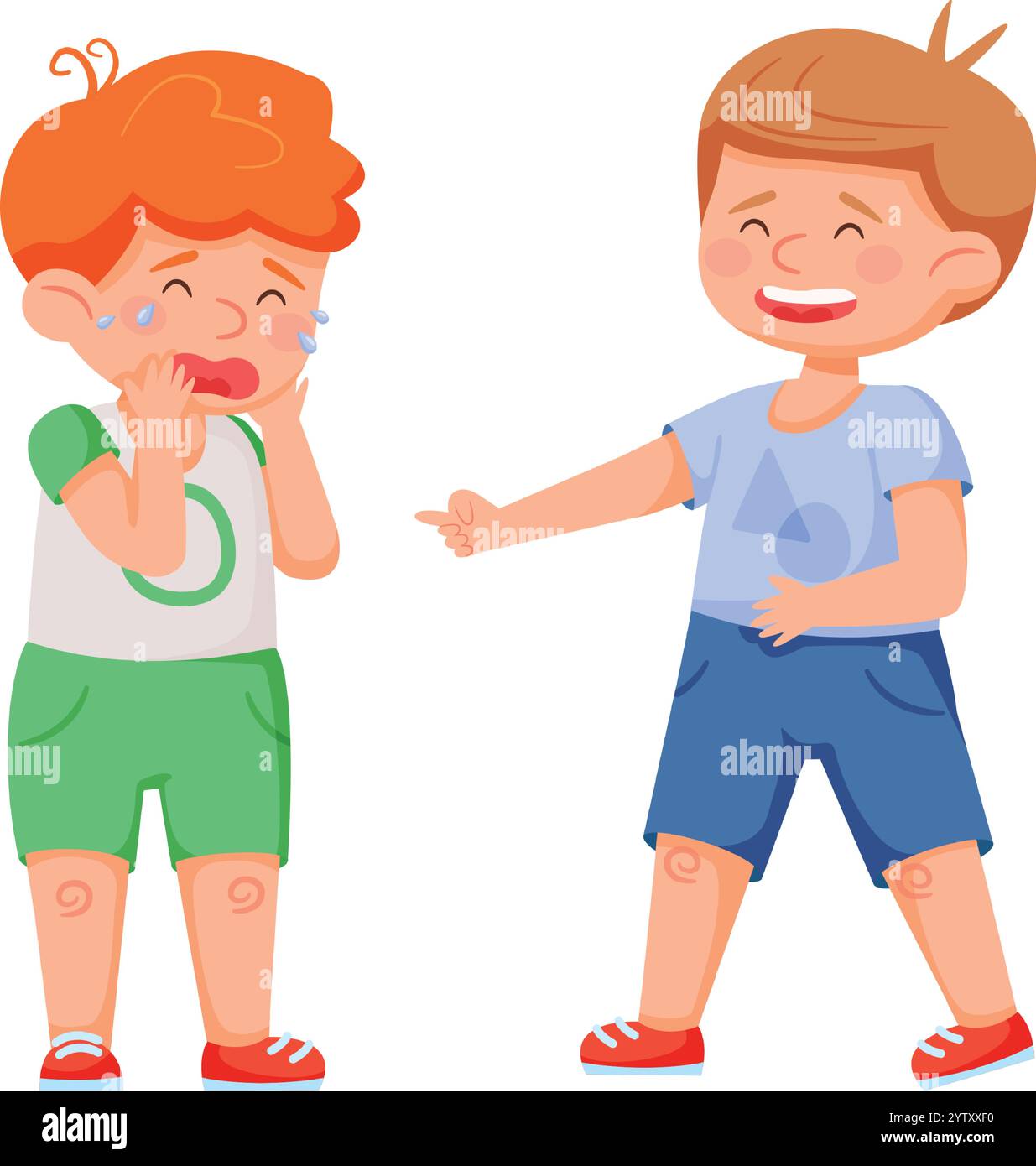 Boy pointing at another boy crying, illustrating bullying and mockery ...