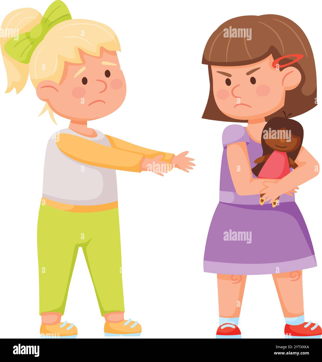 Selfish little girl is refusing to share her doll with her sad friend ...