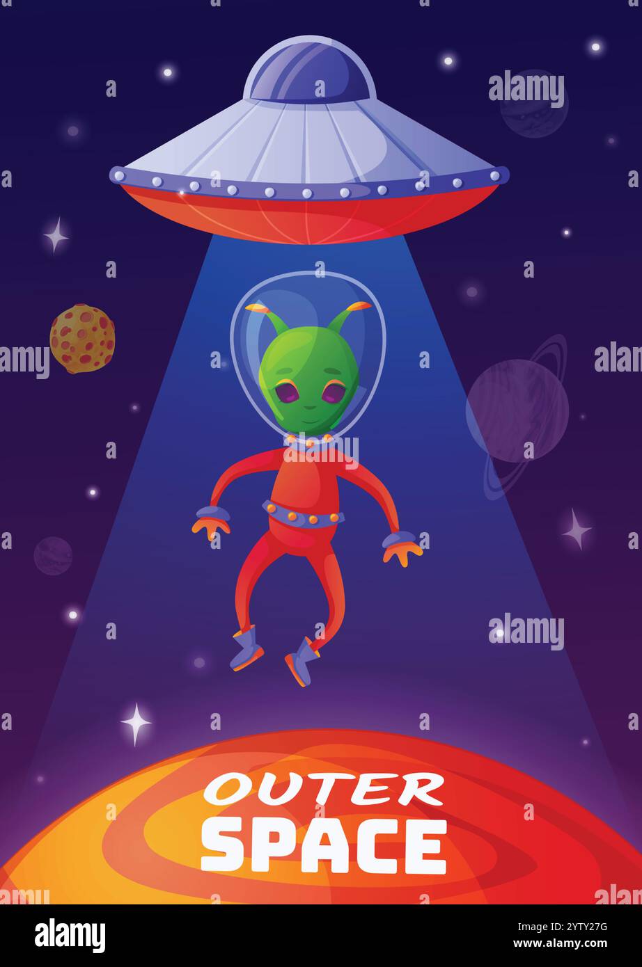 Green alien wearing spacesuit being abducted by ufo with tractor beam ...