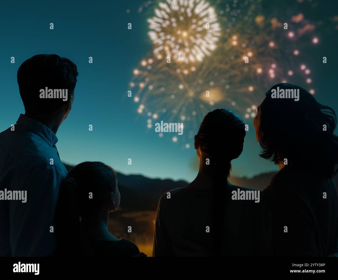 Happy loving family watching fireworks Stock Photo - Alamy
