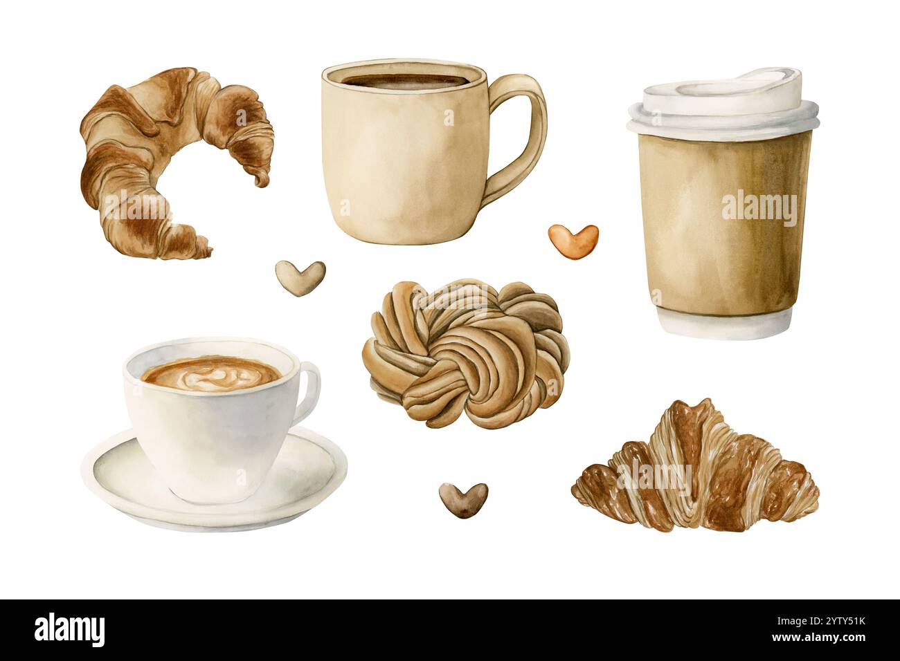 Coffee tea cups and fresh bakery desserts set. Hot beverages and ...