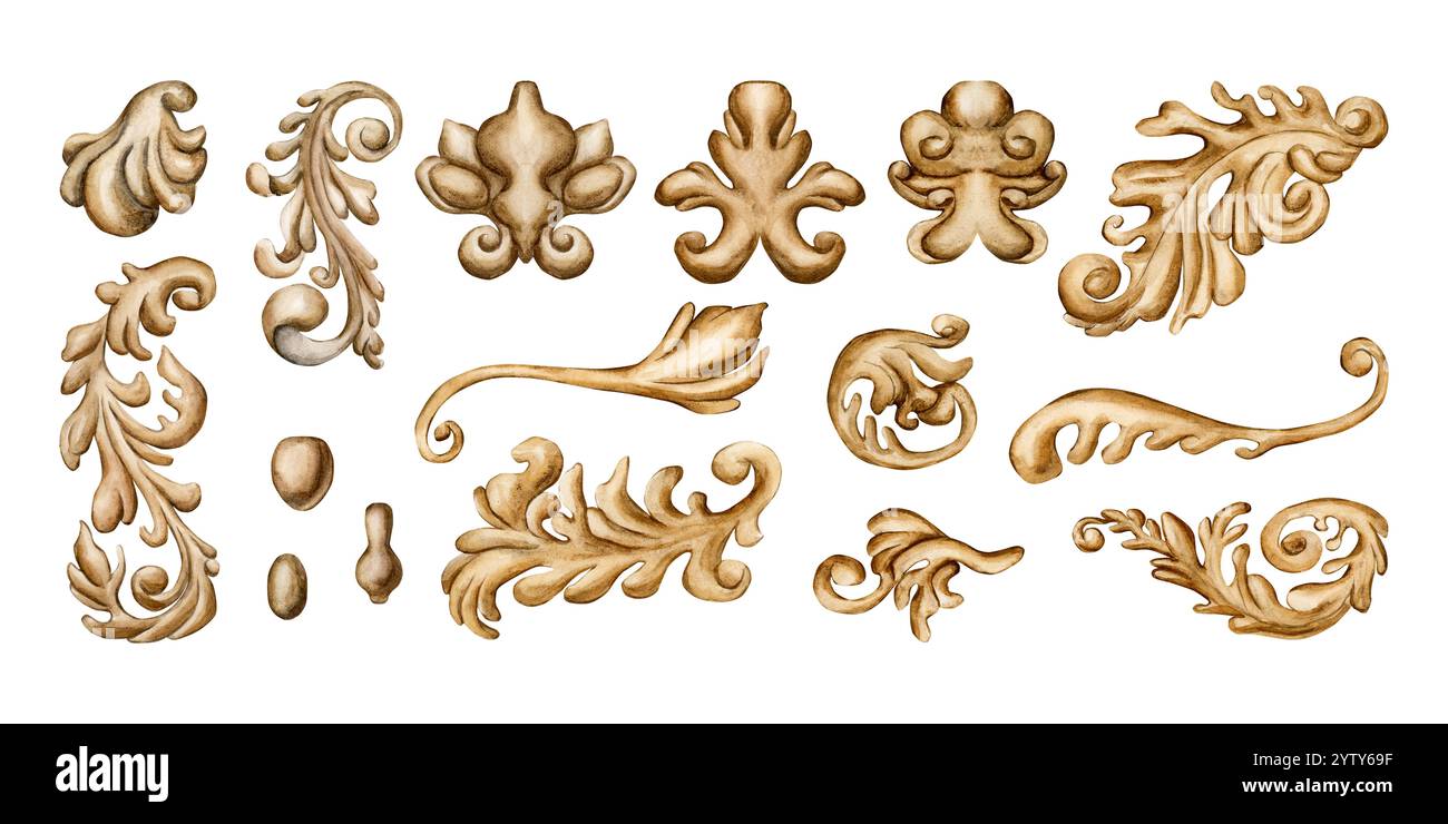 Golden decorative ornaments set in Victorian baroque style. Design elements. Watercolor hand ...