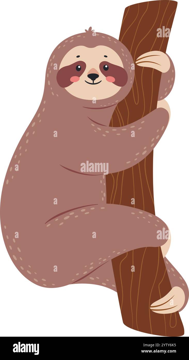 Adorable cartoon sloth clinging to a tree branch, enjoying its peaceful ...