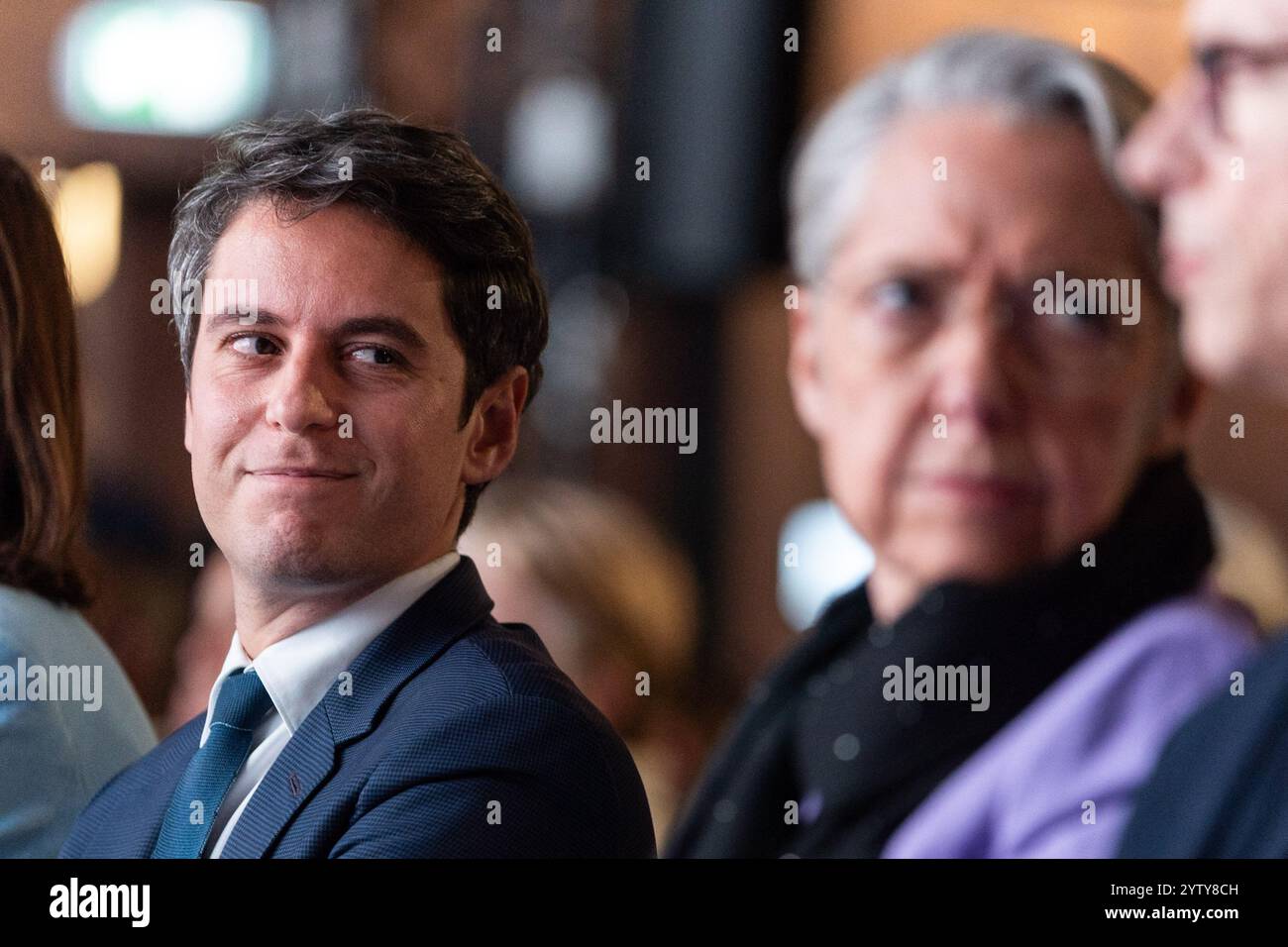 Gabriel Attal beside former prime minister Elisabeth Borne during the ...