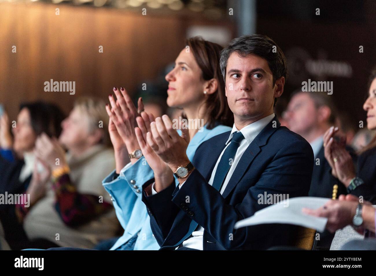 MEP Valerie Hayer and Gabriel Attal during the Renaissance party's ...