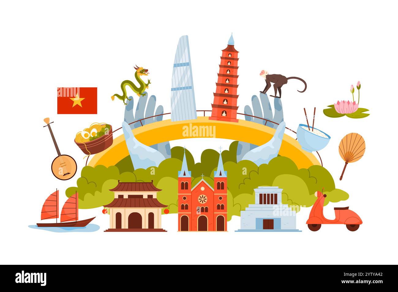 Travel to Vietnam set, elements of culture and religious temple ...