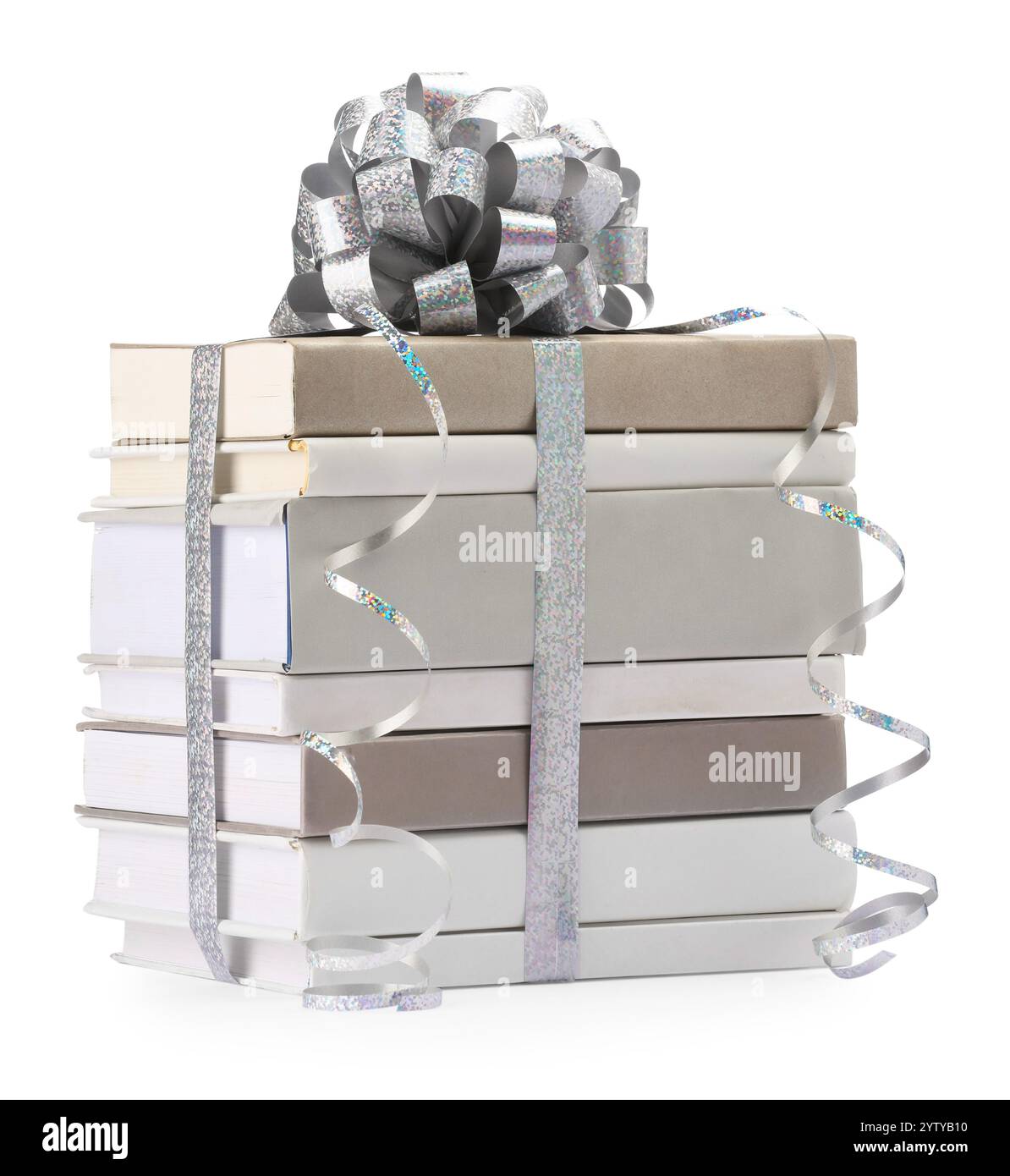 Stack of books with silver bow as gift isolated on white Stock Photo ...