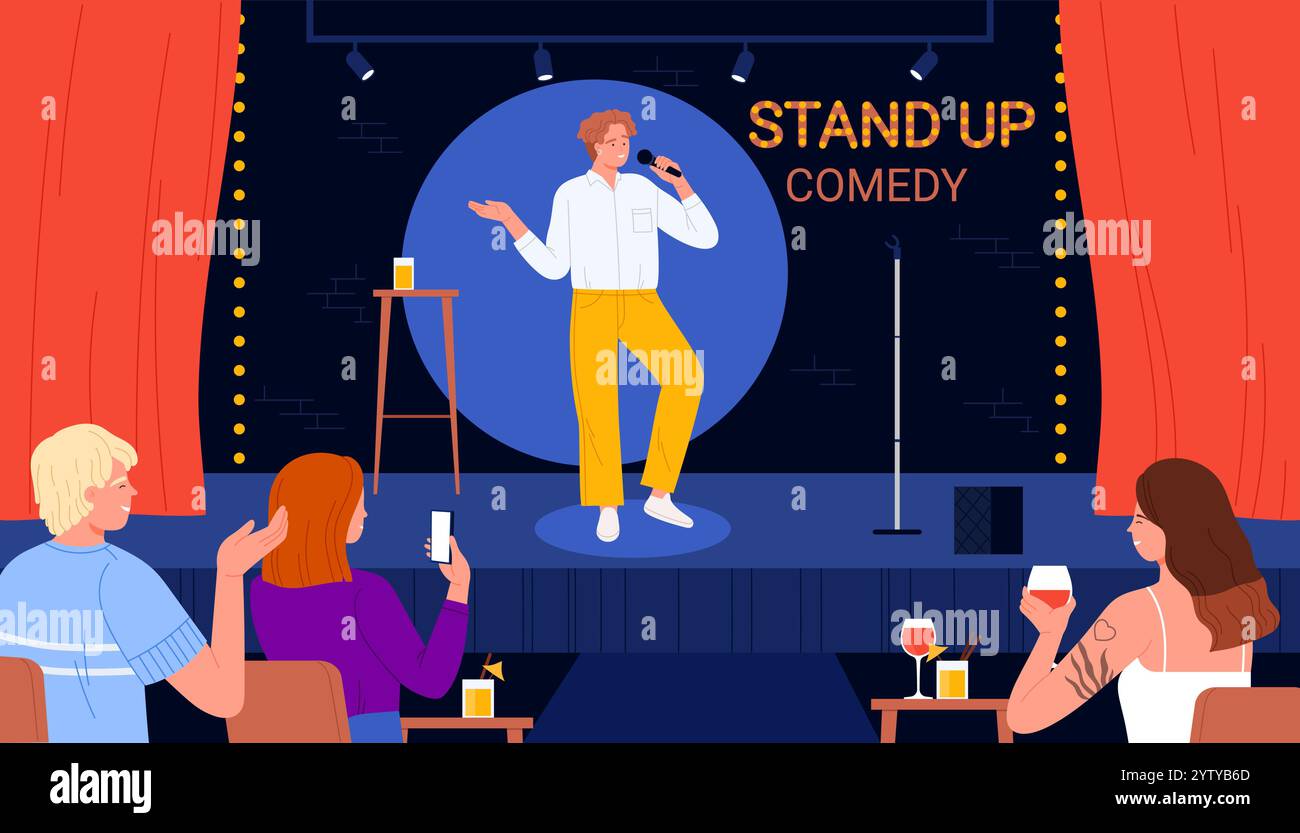 Stand up comedy show. Male talent comic with microphone standing on stage in spotlight to tell ...