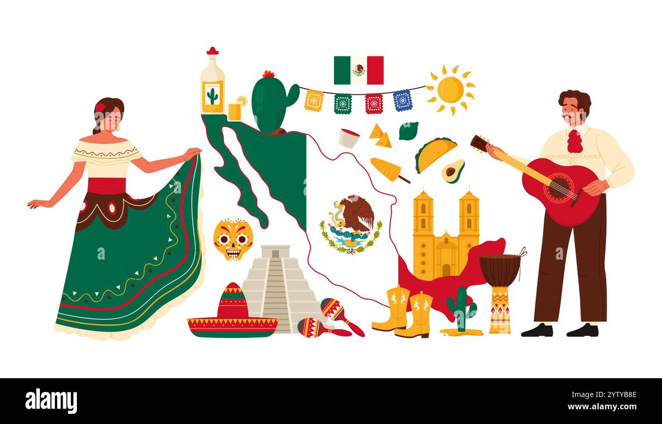 Travel to Mexico infographic poster collage with Mexican people in ...