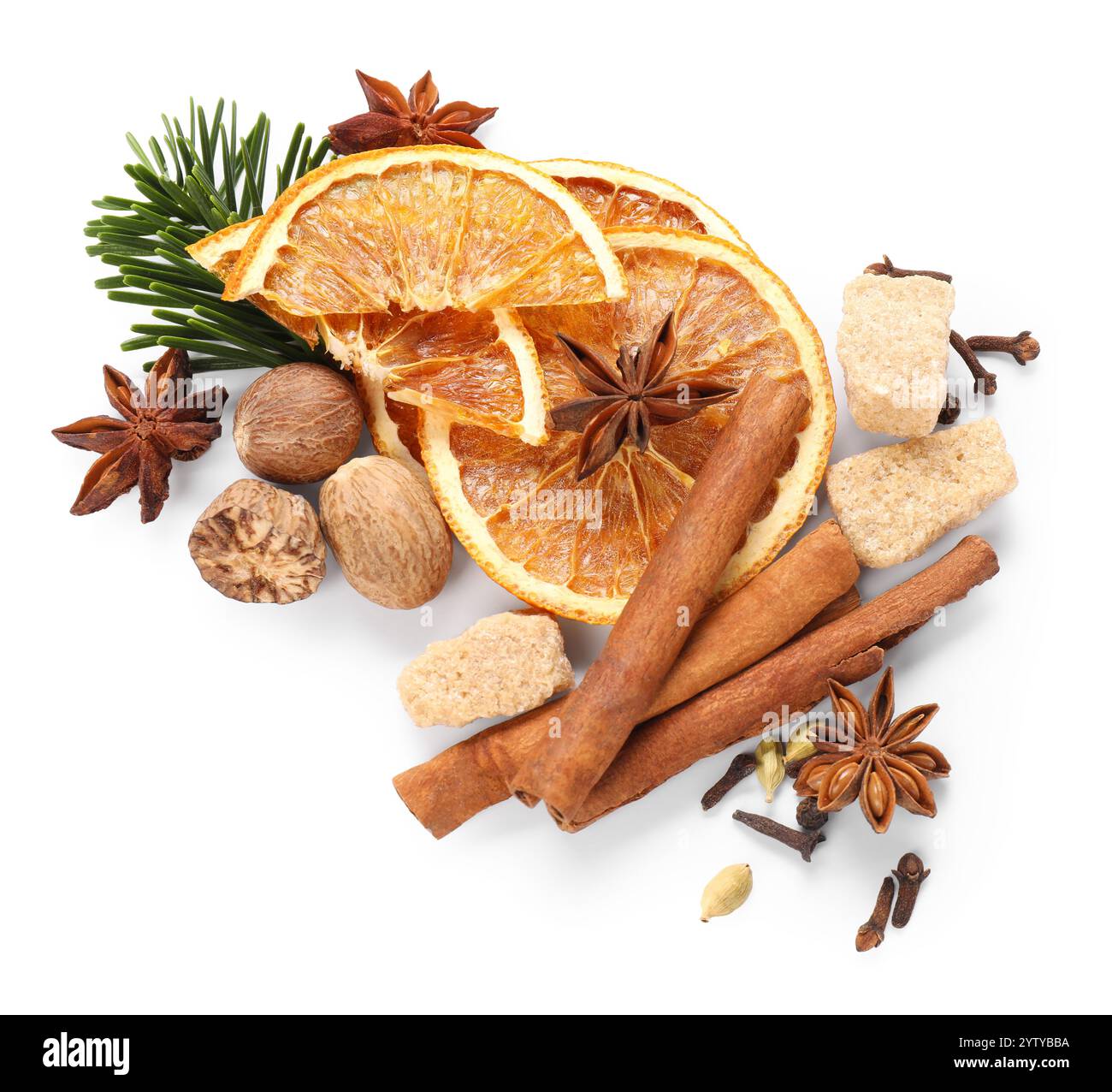 Different aromatic spices isolated on white, top view. Christmas season ...