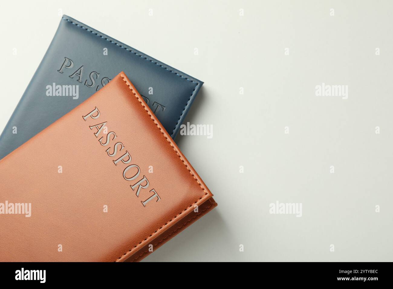 Passports in color covers on light background, top view. Space for text ...