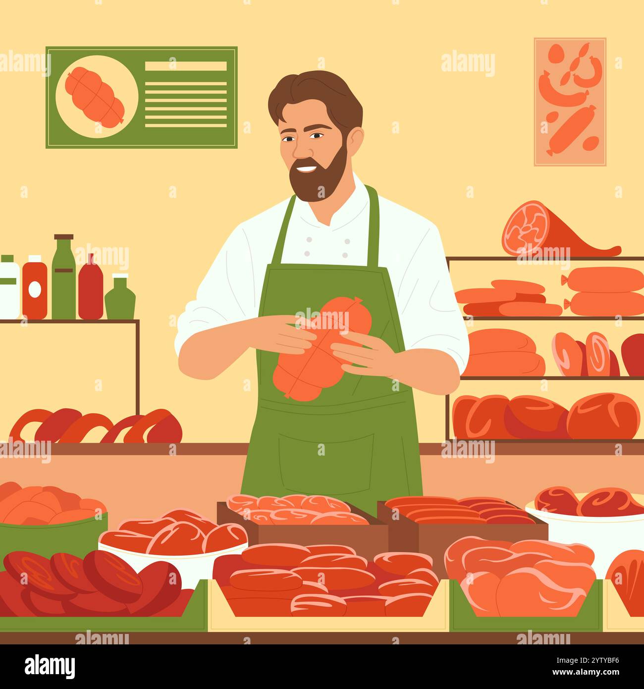 Illustration of a butcher in an apron holding a sausage, surrounded by ...