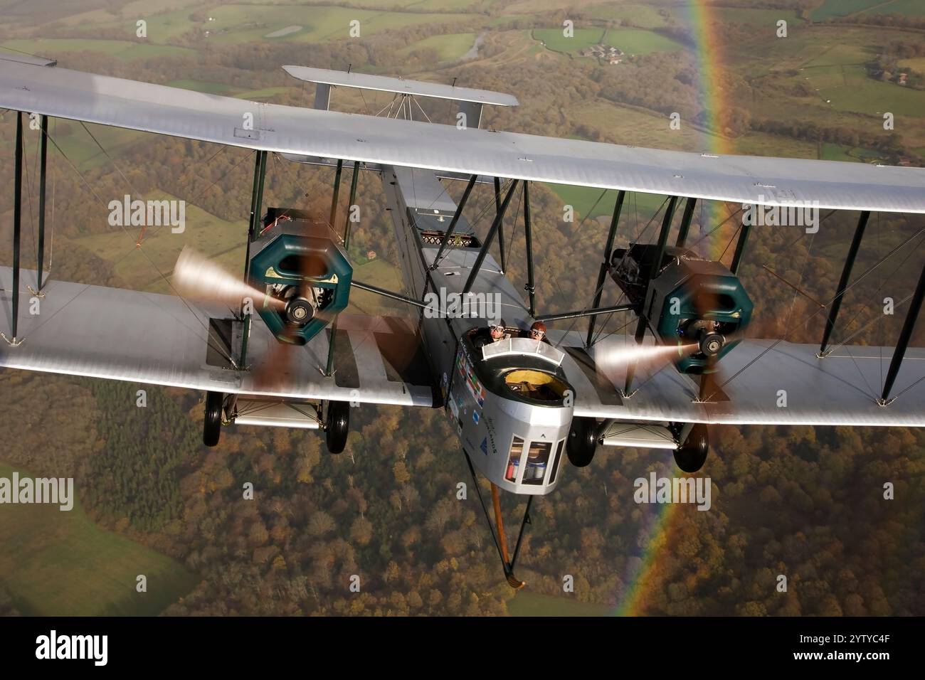 Air-to-air view of the Vickers Vimy, a historic twin-engine biplane ...