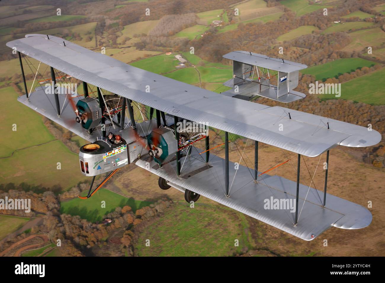 Air-to-air view of the Vickers Vimy, a historic twin-engine biplane ...