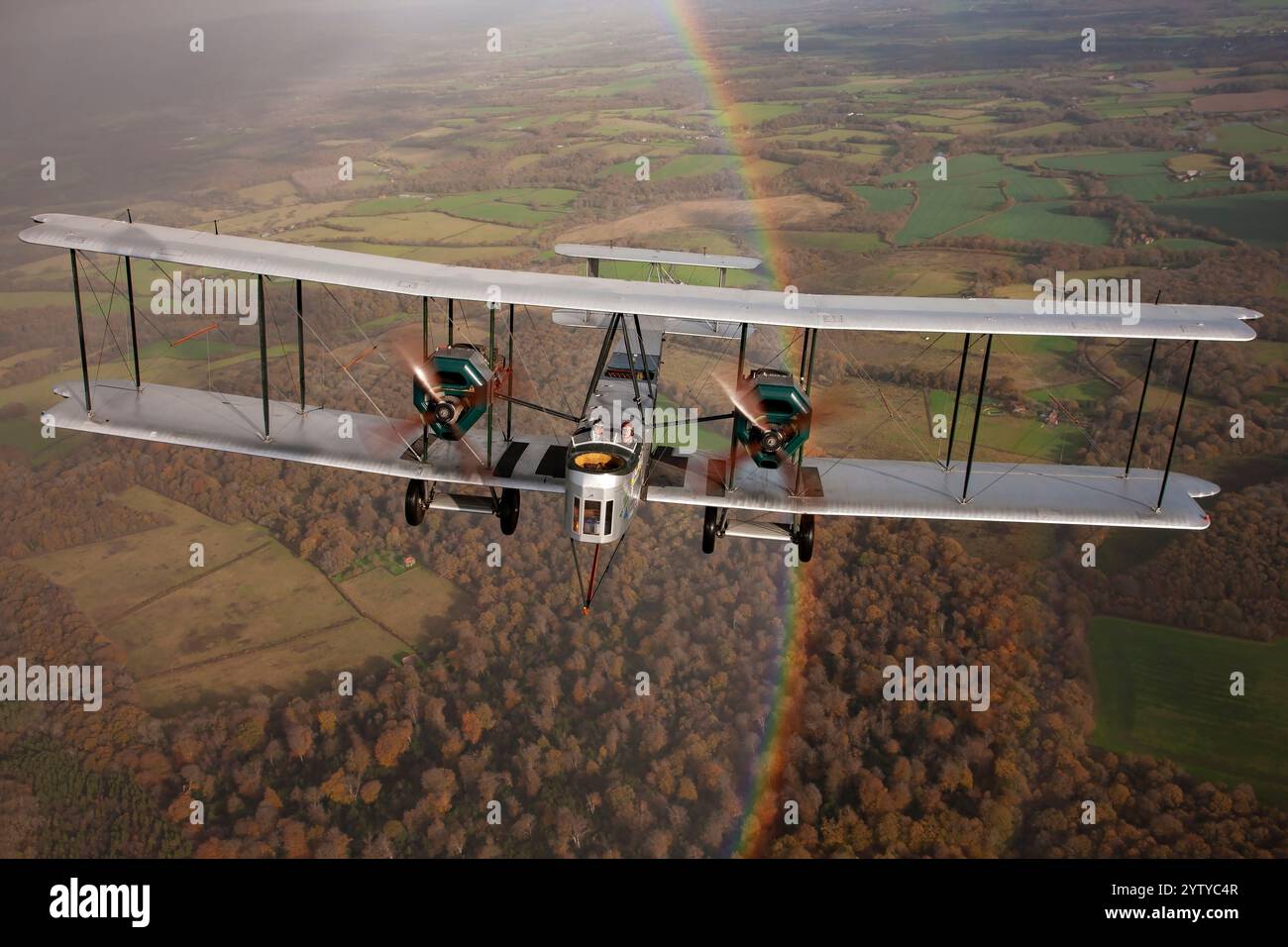 Air-to-air view of the Vickers Vimy, a historic twin-engine biplane ...