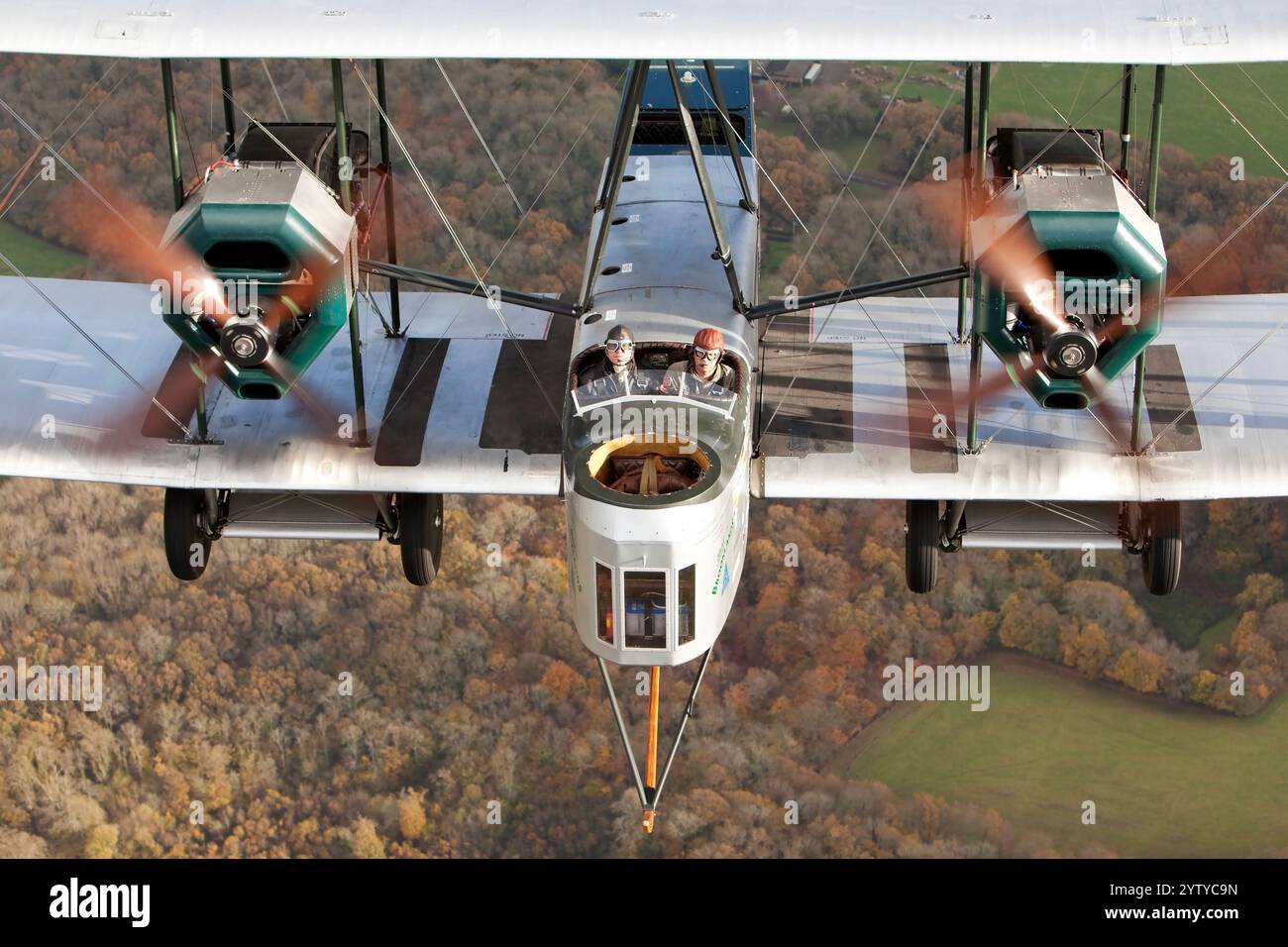 Air-to-air view of the Vickers Vimy, a historic twin-engine biplane ...