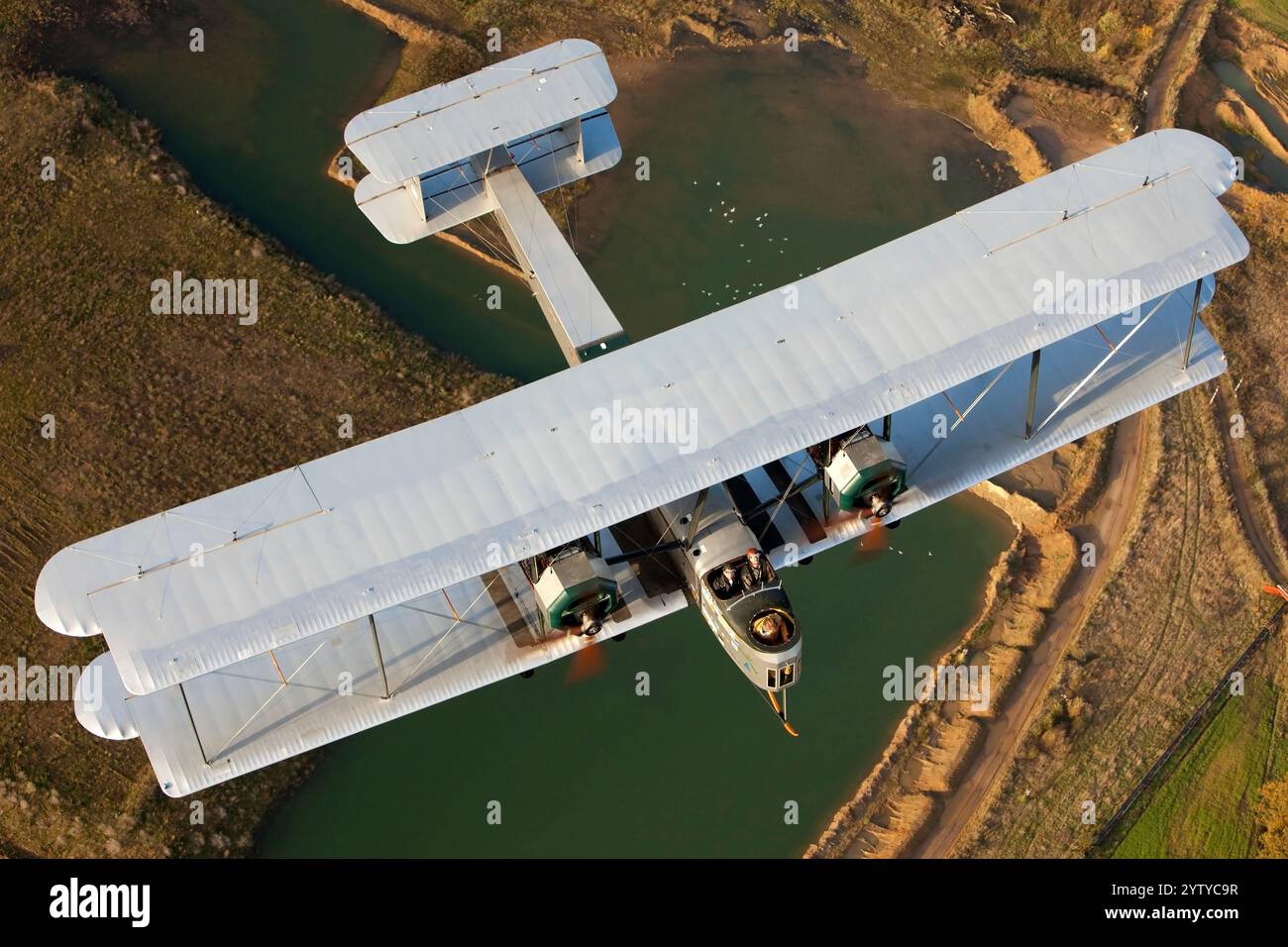 Air-to-air view of the Vickers Vimy, a historic twin-engine biplane ...