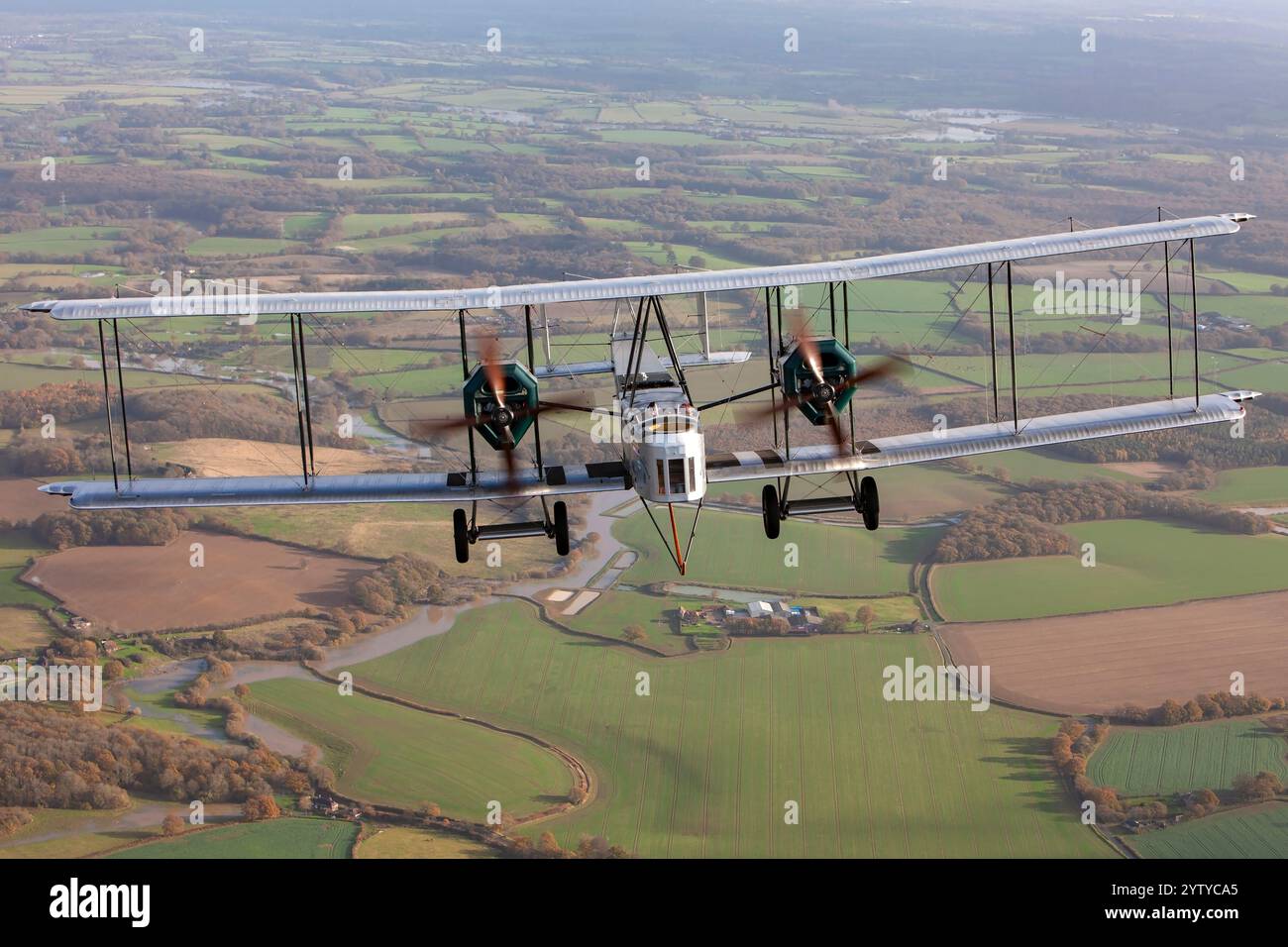 Air-to-air view of the Vickers Vimy, a historic twin-engine biplane ...