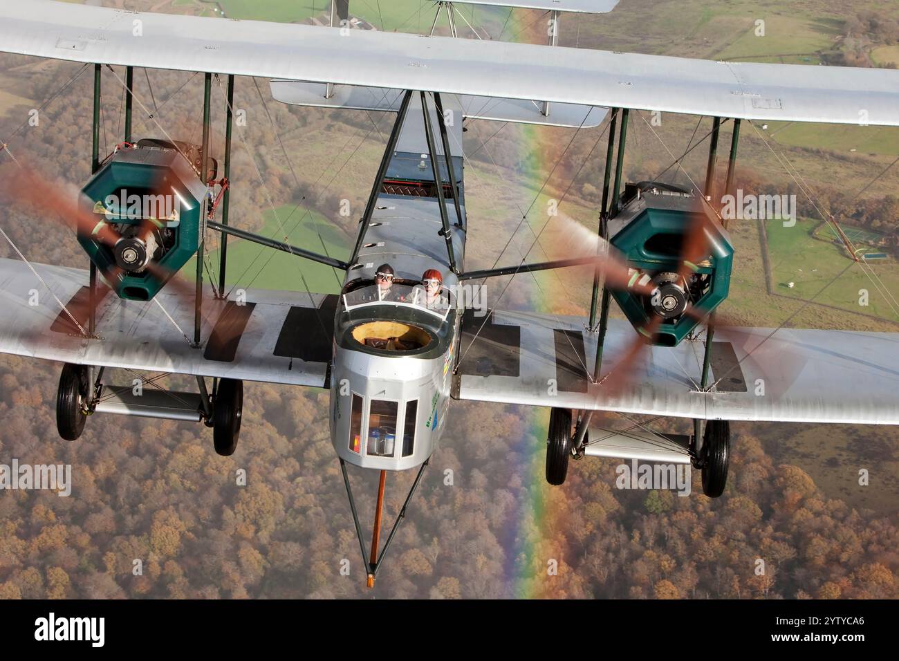 Air-to-air view of the Vickers Vimy, a historic twin-engine biplane ...