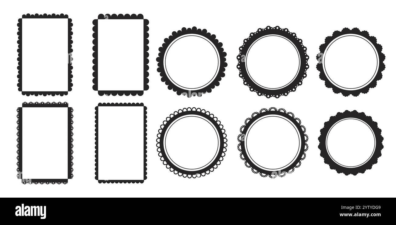 Scalloped border curve lace frame set. Silhouette frilly figure, stamp ...