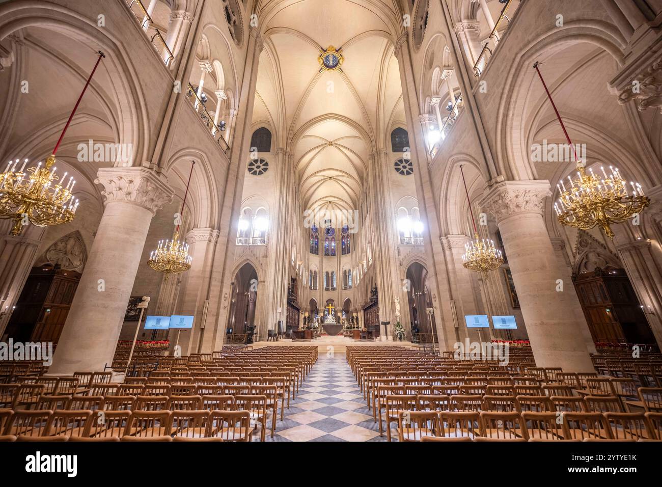 This photograph shows a general view of Notre-Dame de Paris cathedral ...