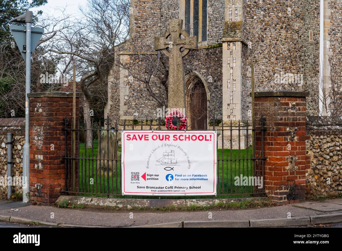 Save our School banner outside Brancaster church. Protesting about ...