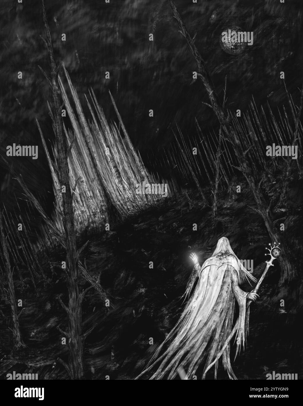 The white mage with a staff heads towards the dark castle through a ...