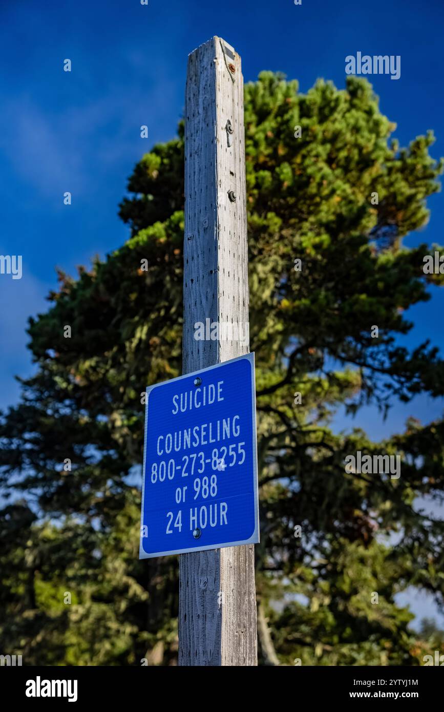 Suicide hotline sign Yaquina Bay Bridge along U.S. Route 101 along the ...