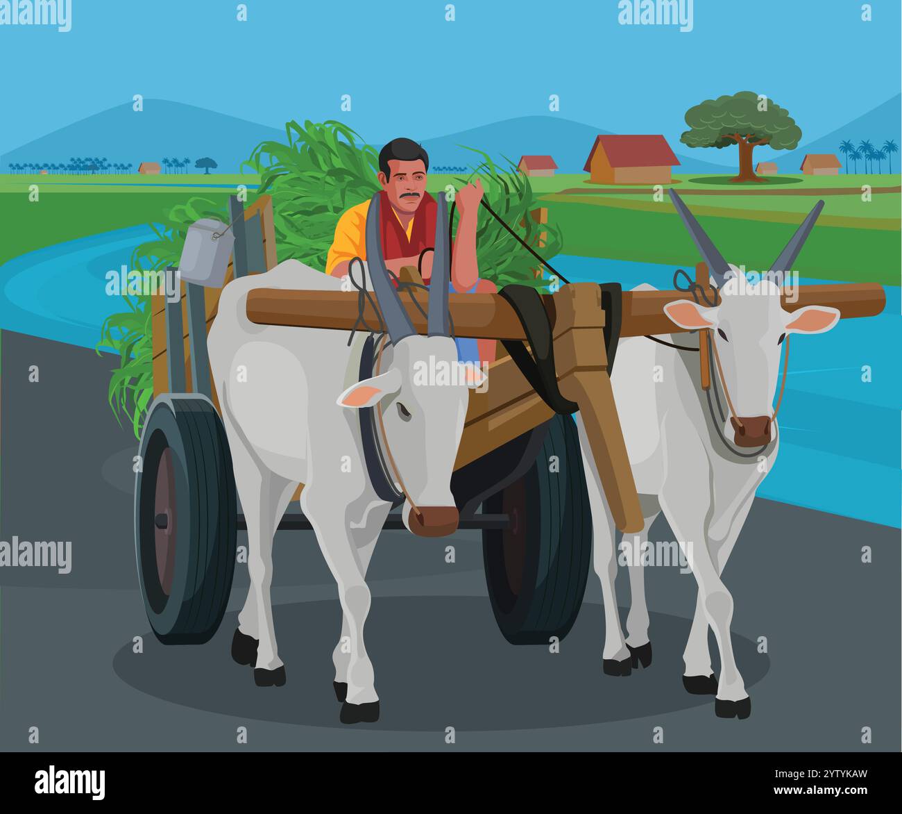 farmer riding a bullock cart Indian village Stock Vector Image & Art ...