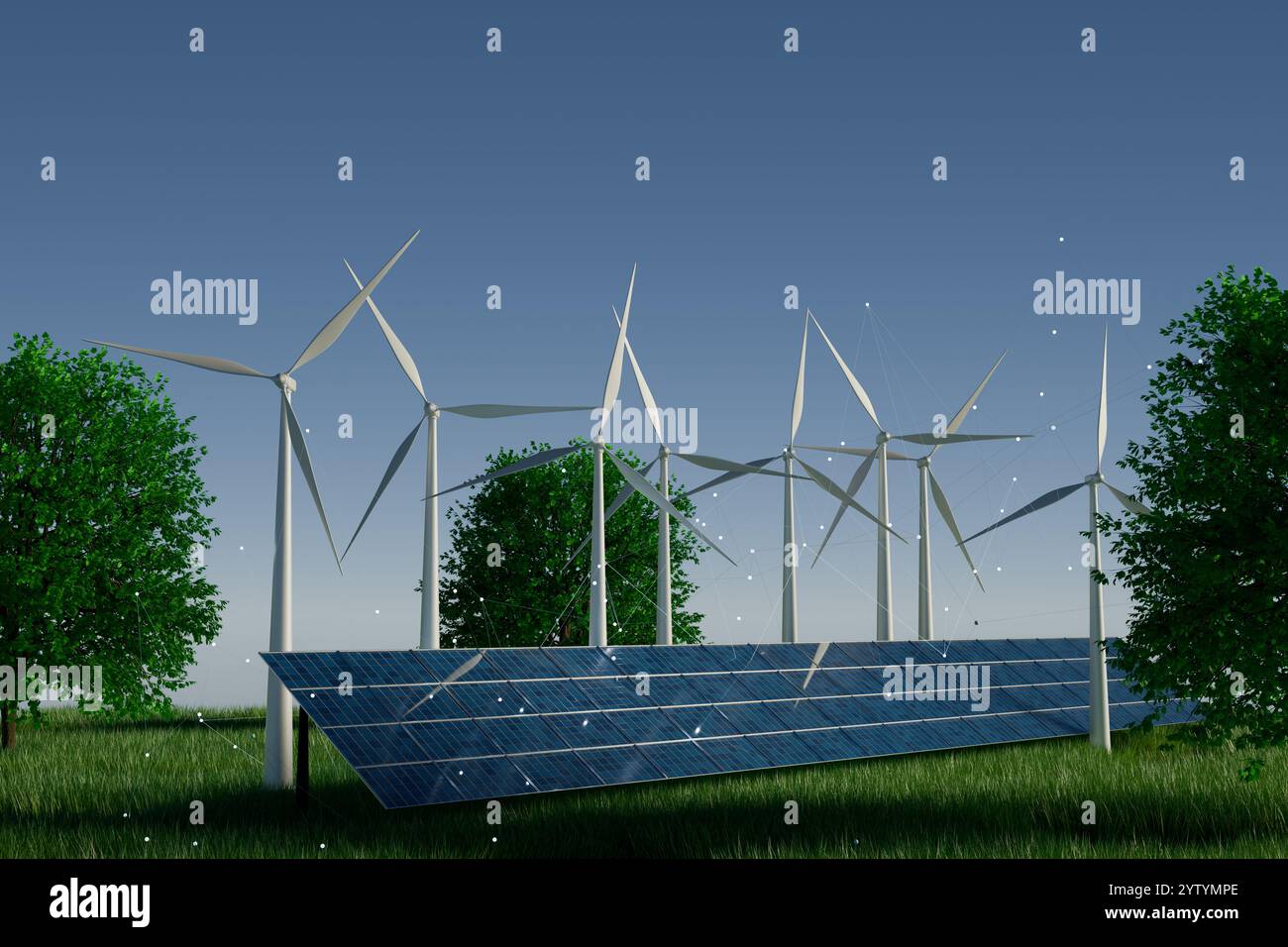 Renewable energy scene featuring wind turbines and solar panels under a ...
